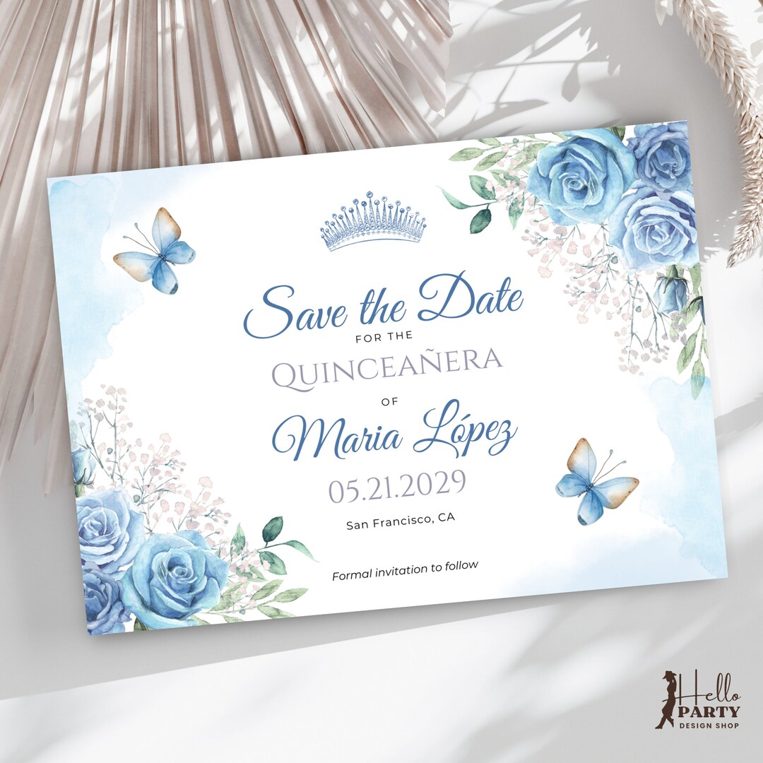 Blue Quinceañera Save the Date 5" X 3.5" Card, 15th Birthday Floral DIY ...