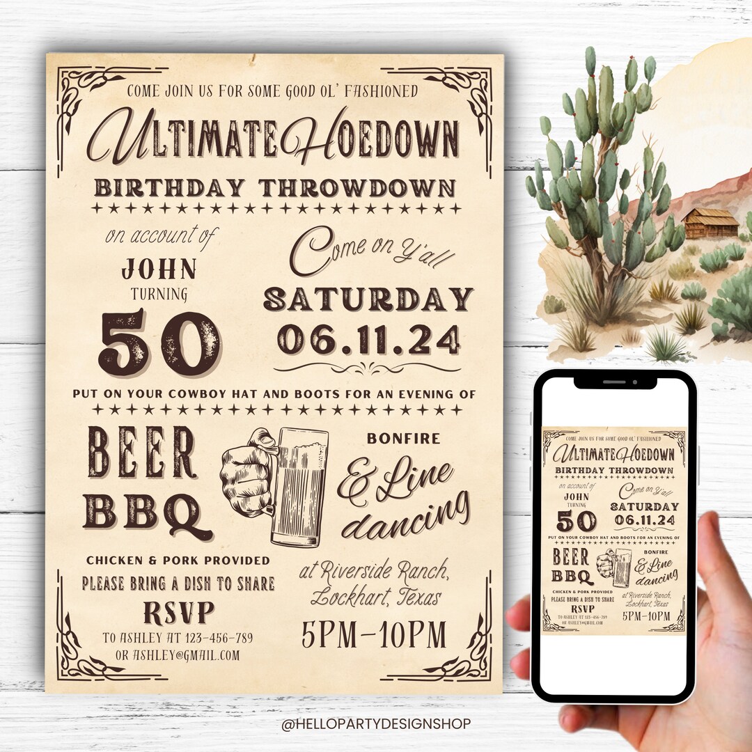 Hoedown Birthday Throwdown Bonfire Beer BBQ Invitation -western Cowboy ...