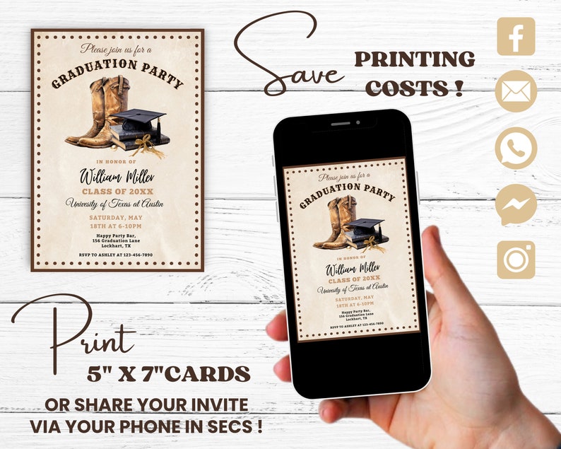 Editable Western Graduation Party Invitation - Digital Invite Rustic ...