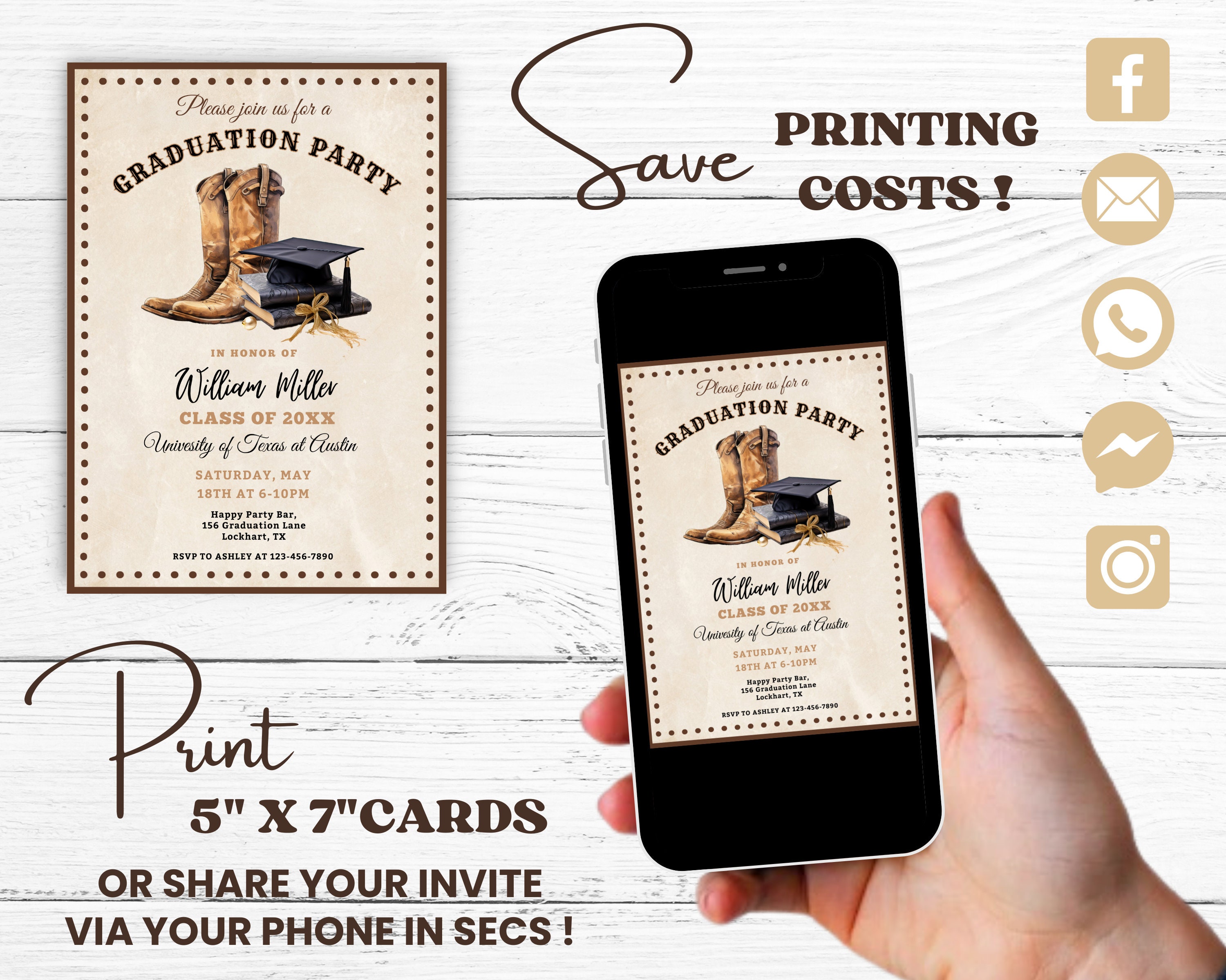 Editable Western Graduation Party Invitation - Digital Invite Rustic ...