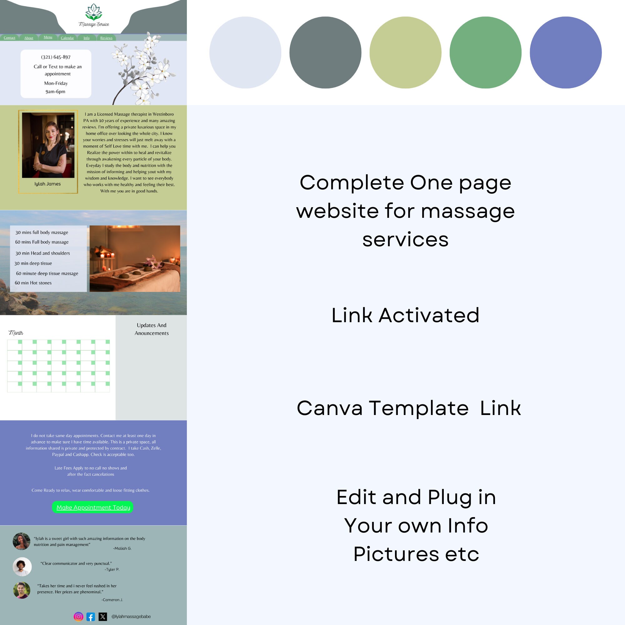 One Page Website Template Blue and Green Peaceful Massage Services - Etsy