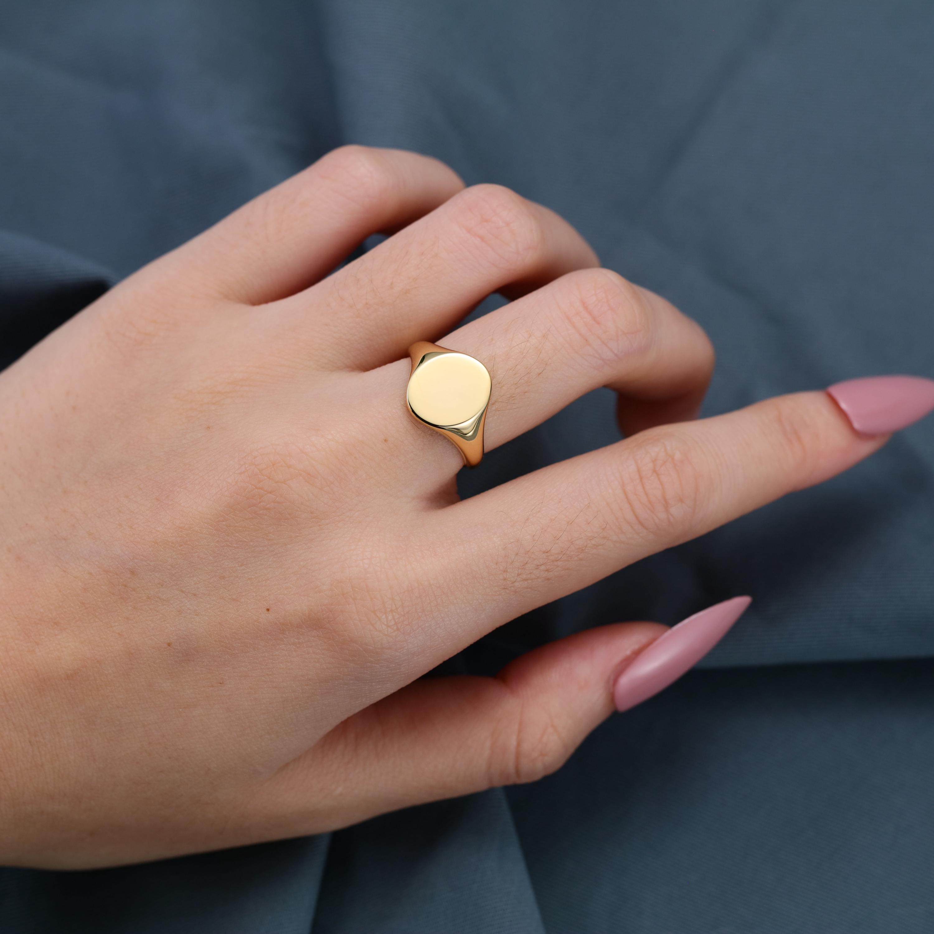 14K Solid Gold Oval Signet Ring Personalized Customized Signet Women's Delicate Pinky Ring ...