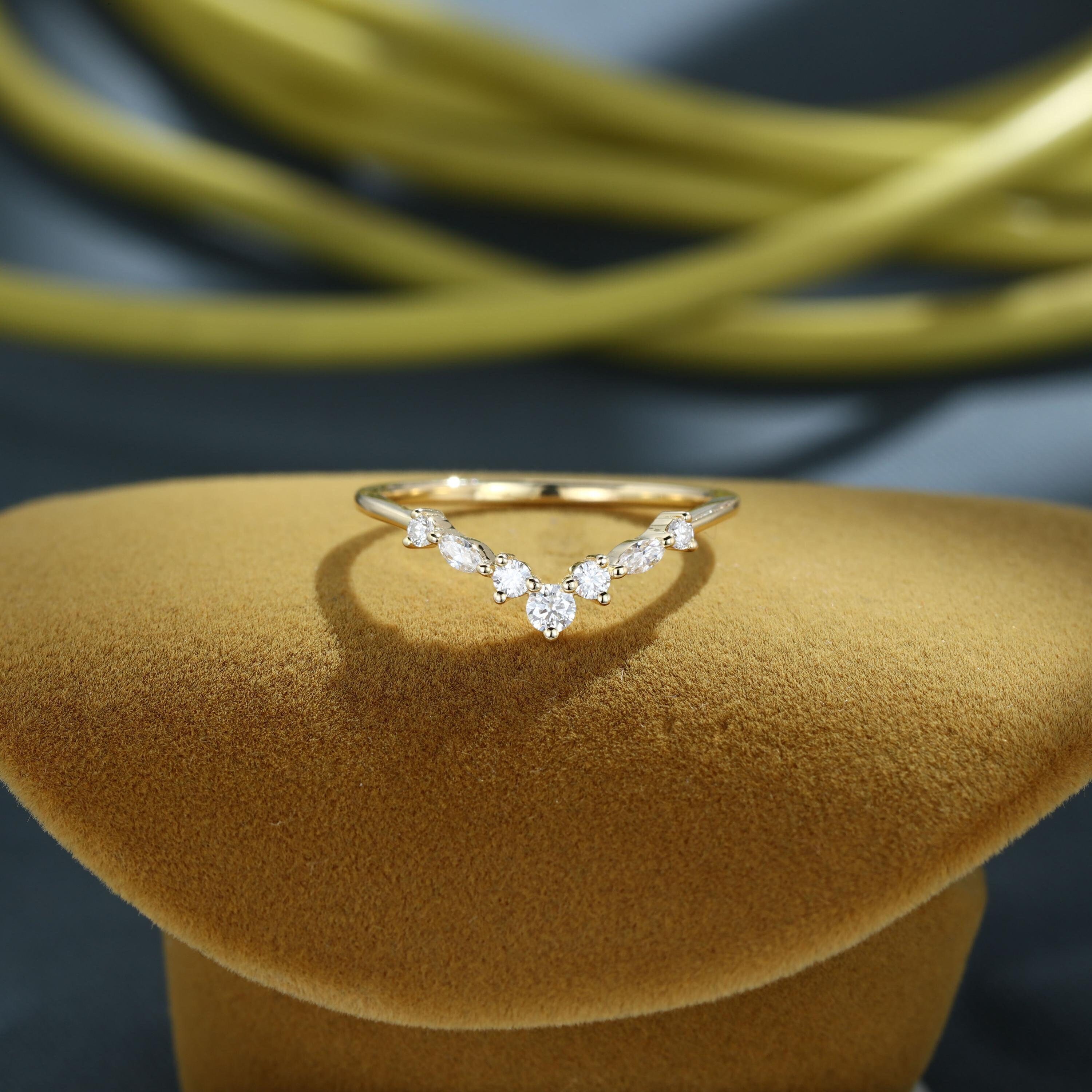 14K Solid Gold Curved Wedding Band Lab Diamond V Ring Enhancer Stackable Ring Women Gift for Her ...