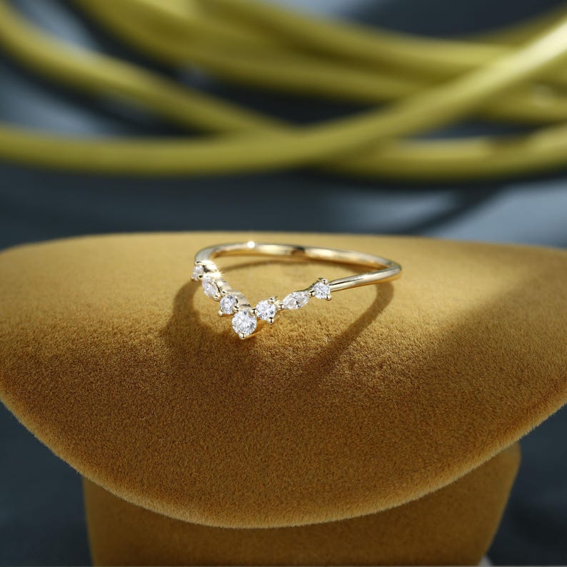 14K Solid Gold Curved Wedding Band Lab Diamond V Ring Enhancer Stackable Ring Women Gift for Her ...