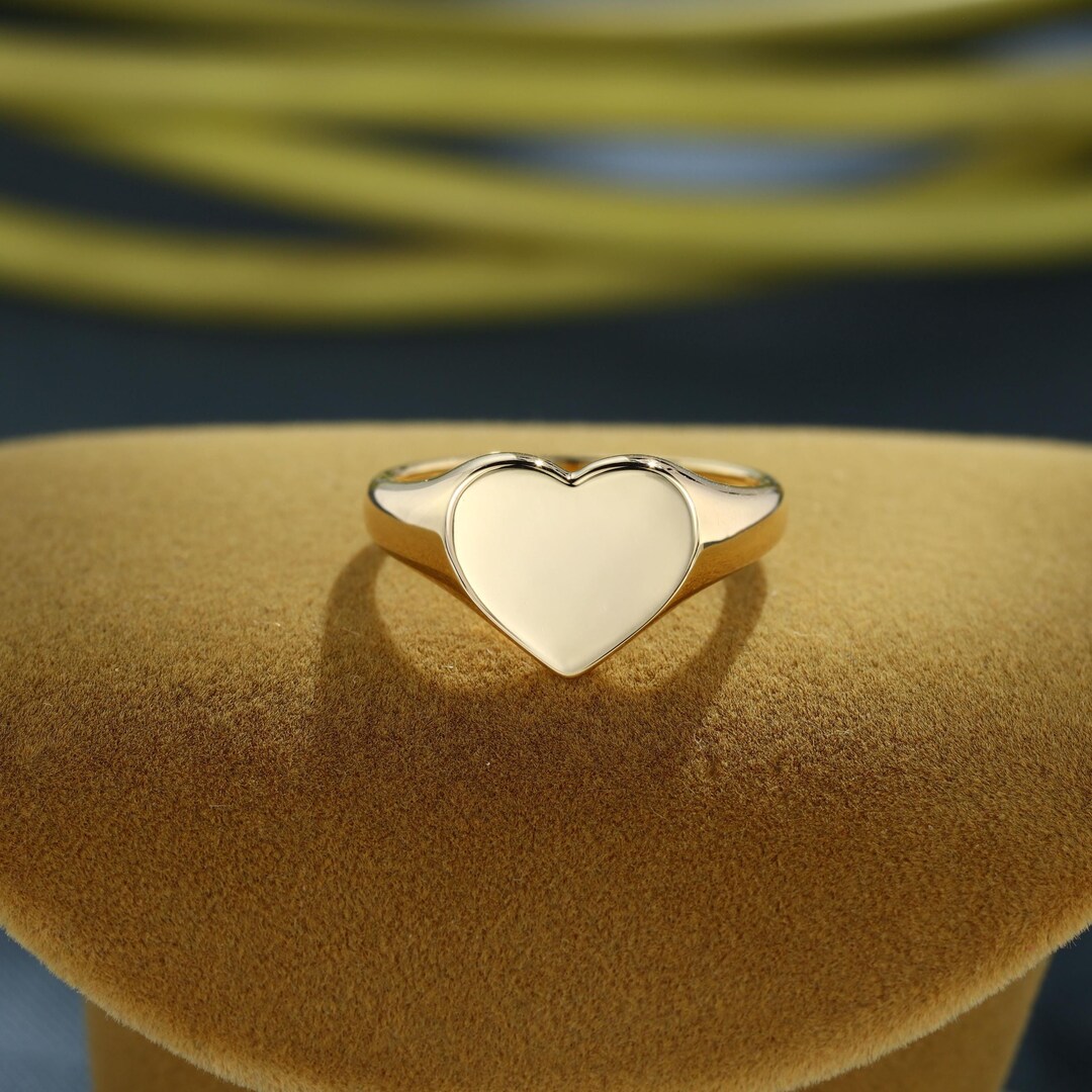 Solid Gold Heart Customized Signet Ring, Initial Engraved Signet Ring ...