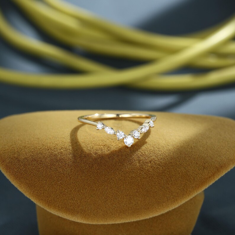 14K Solid Gold Curved Wedding Band Lab Diamond V Ring Enhancer Stackable Ring Women Gift for Her ...