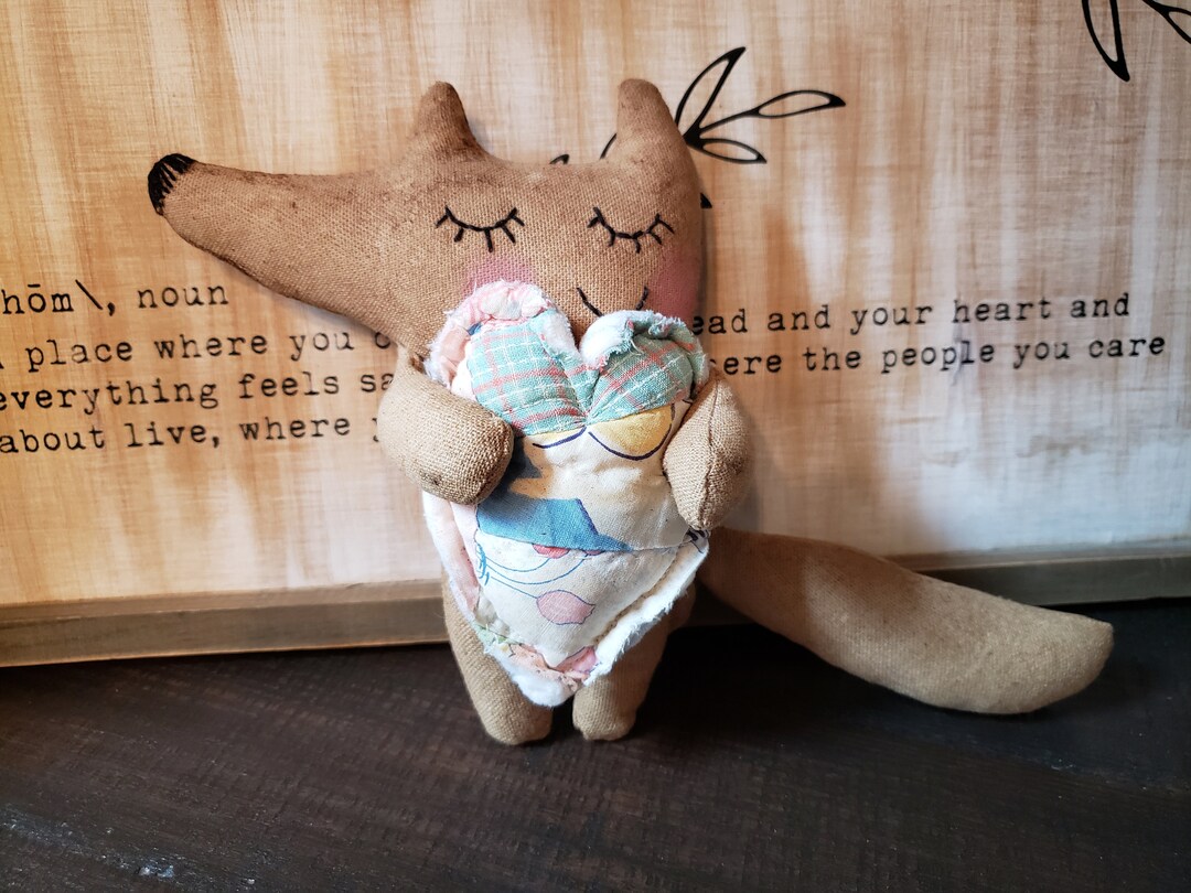 Primitive Foxie the Fox With Quilt Heart White Blue & Green - Etsy