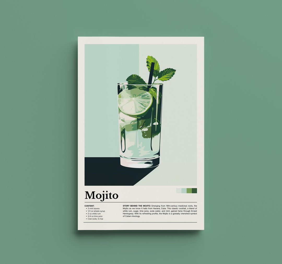 Mojito Cocktail Poster - Vintage Bar Decor | Retro Mojito Art | MCM ...