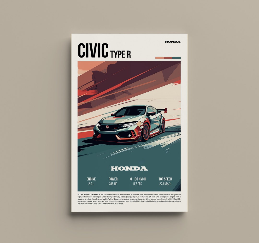 Retro Honda Civic Type R Automotive Print Vintage JDM Poster, Sport ...