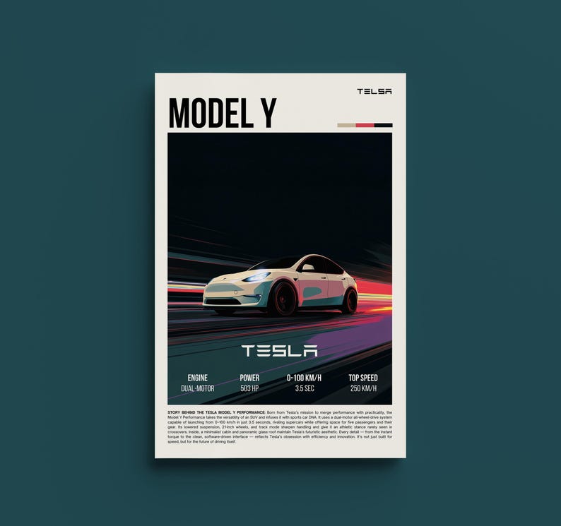 Tesla Model Y Poster - Electric Car Wall Art - Modern EV Automotive ...