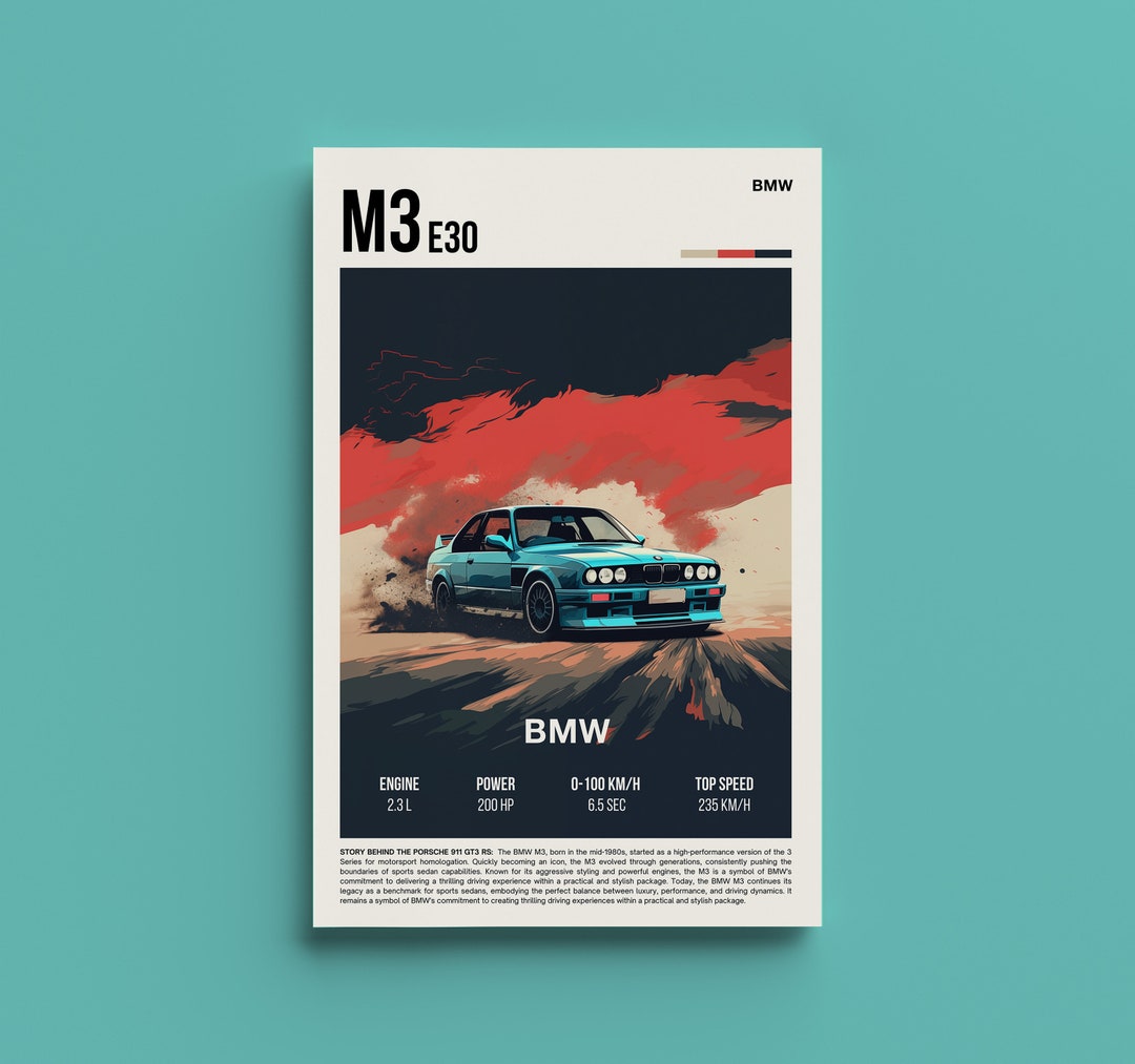 BMW E30 Classic Car Poster - Retro Vintage Auto Art Print, Nostalgia ...