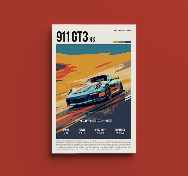 Retro Porsche 911 GT3 RS Automotive Print - Vintage Sports Car Poster ...