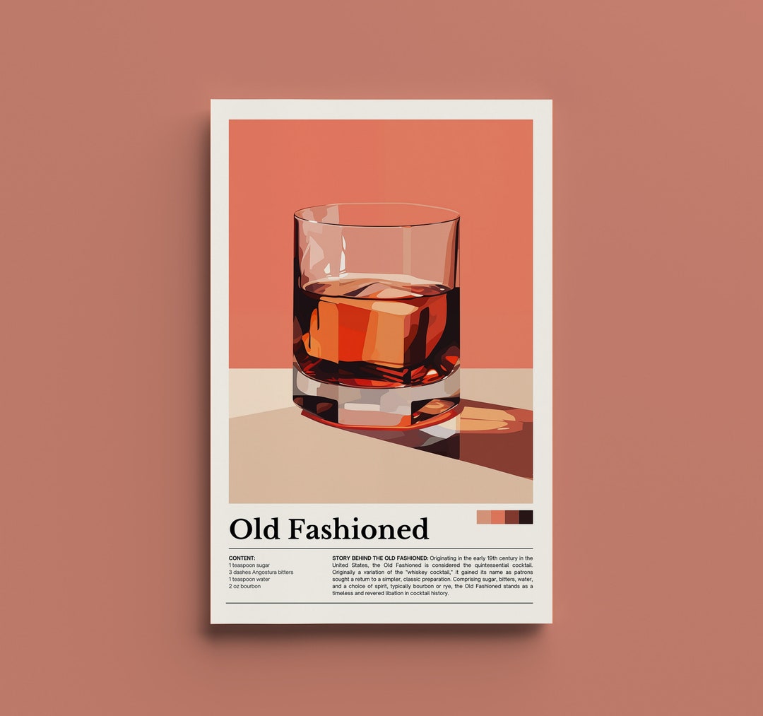 Old Fashioned Cocktail Poster - Vintage Art Print, Retro Bar Decor ...