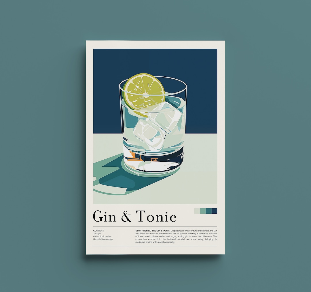 Retro Gin & Tonic Poster - Cocktail Print | Bar Decor | MCM Kitchen Art ...