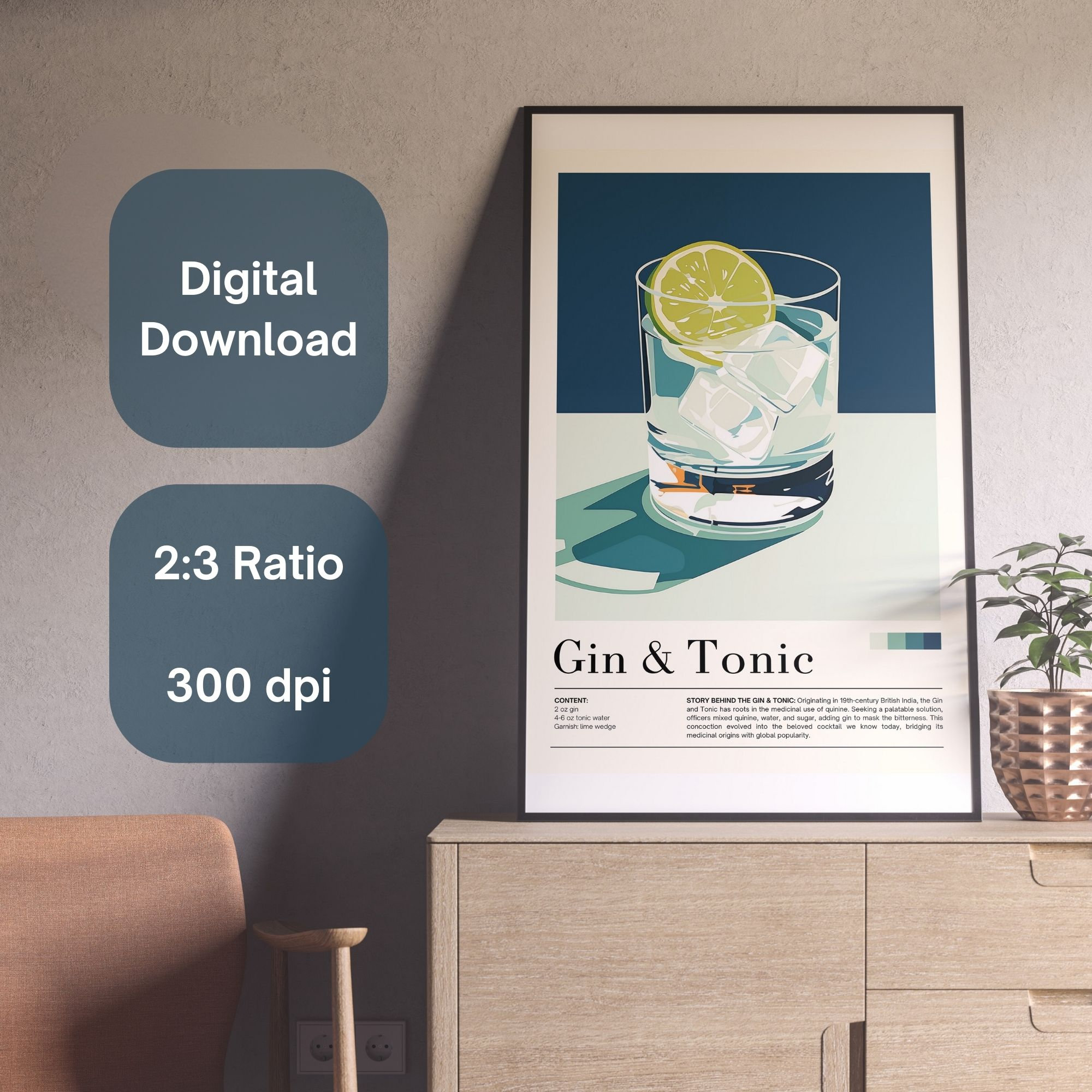 Retro Gin & Tonic Poster Cocktail Print Bar Decor MCM Kitchen Art ...