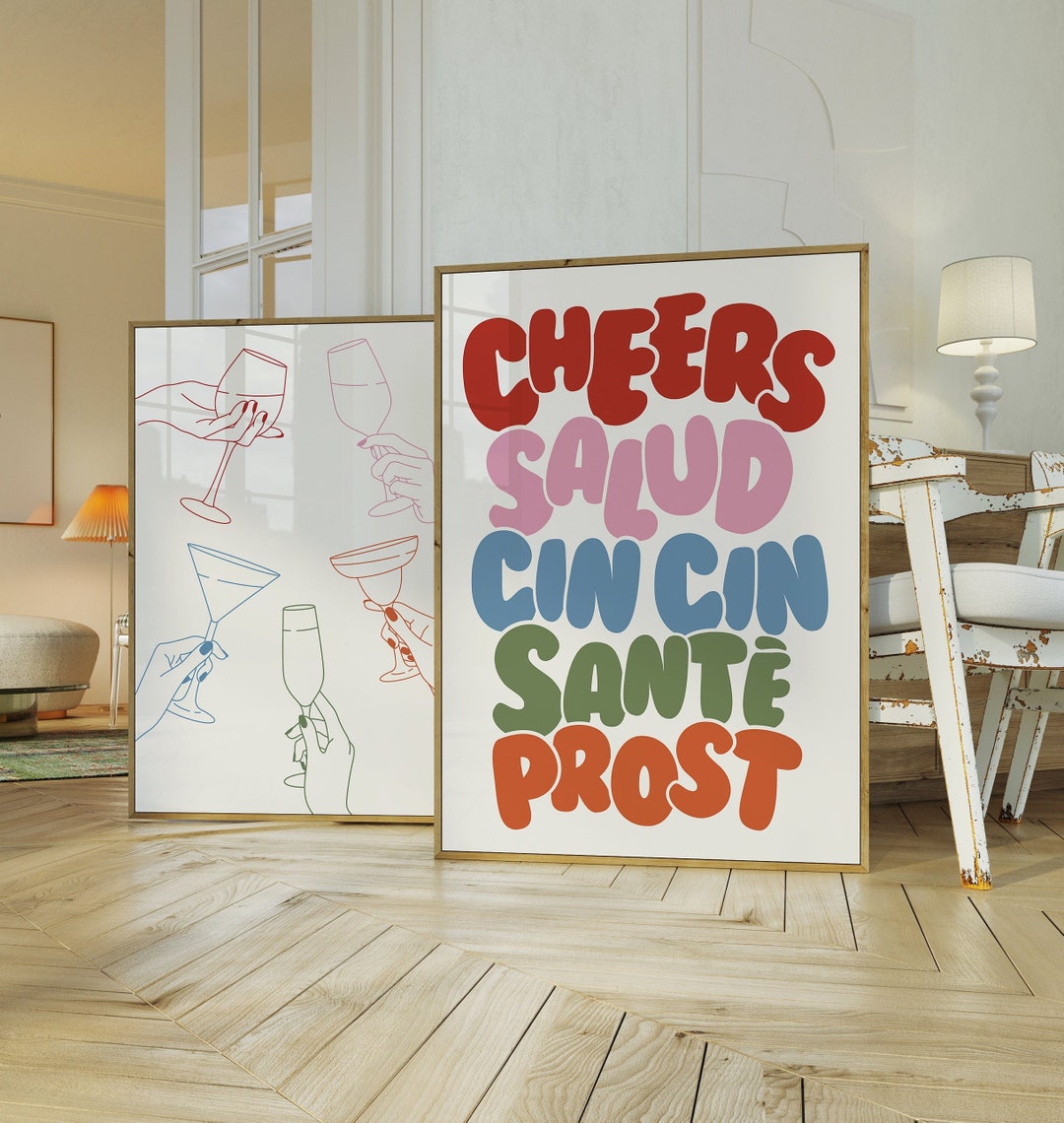 Cheers Print Set of 2 Retro Wine Poster Colourful Cin Cin Salud Print Funky Bar Cart Art Vintage ...