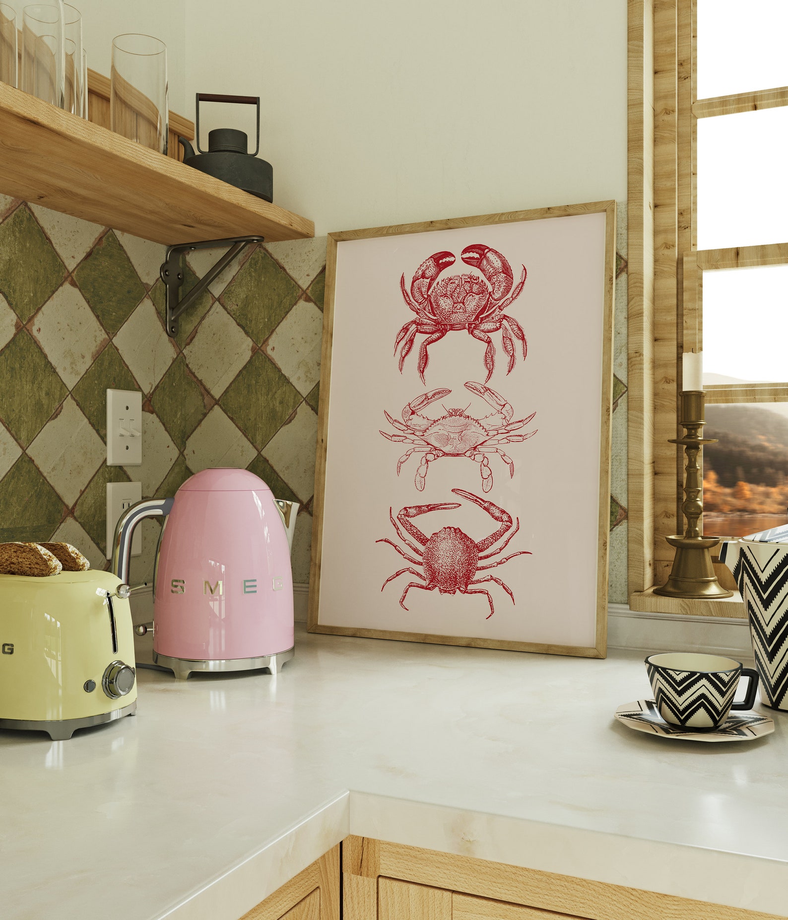 Pink Crab Print Vintage Food Wall Art Seafood Poster Kitchen Wall Art ...
