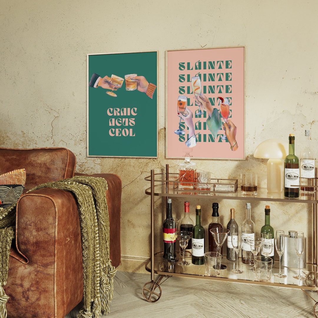 Sláinte Art Irish Cheers Set of 2 Prints Craic & Ceol Happy Hour Drink ...