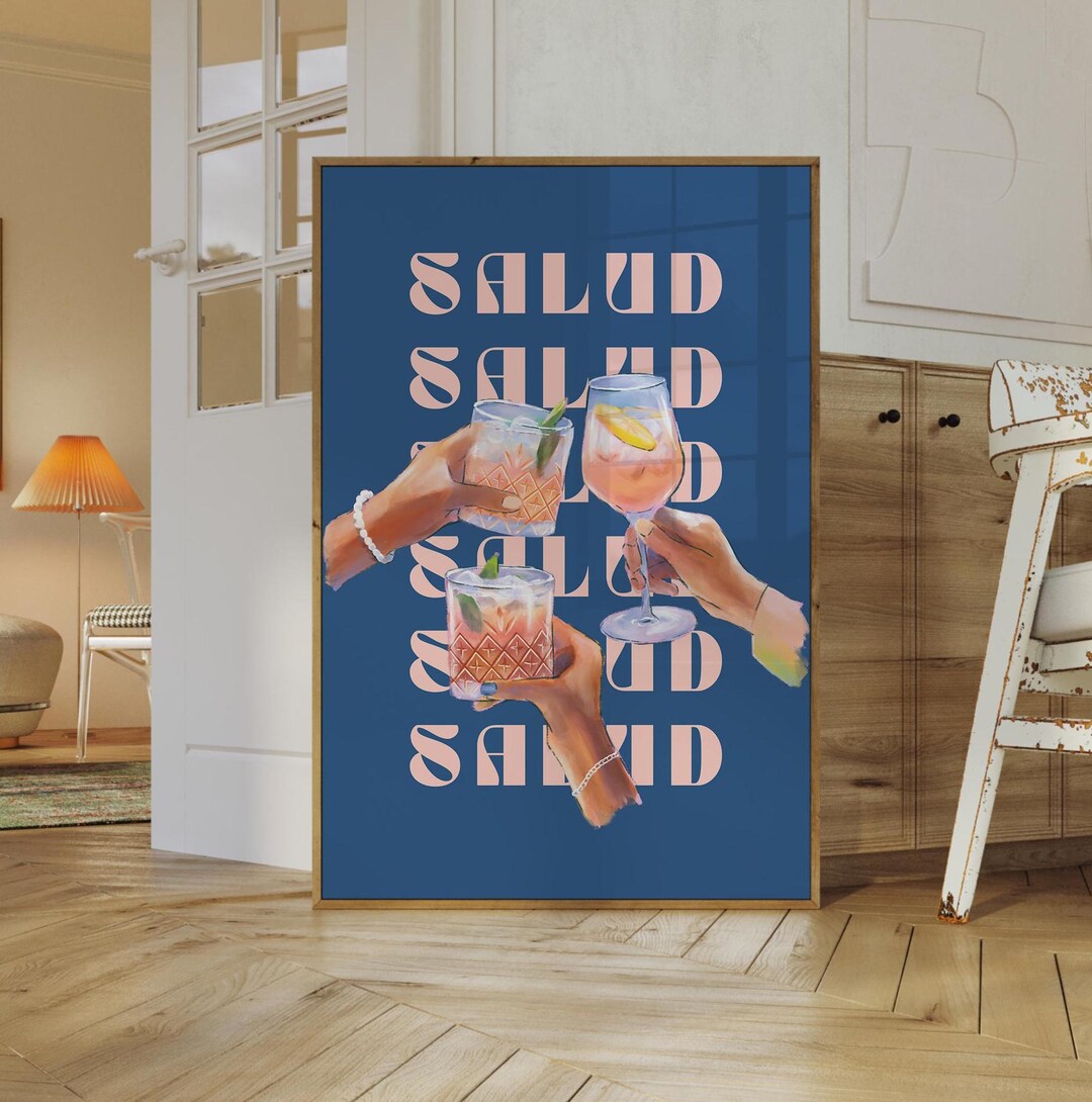 Salud Blue Wall Art Spanish Cheers Navy Print Retro Wine Poster Vintage ...