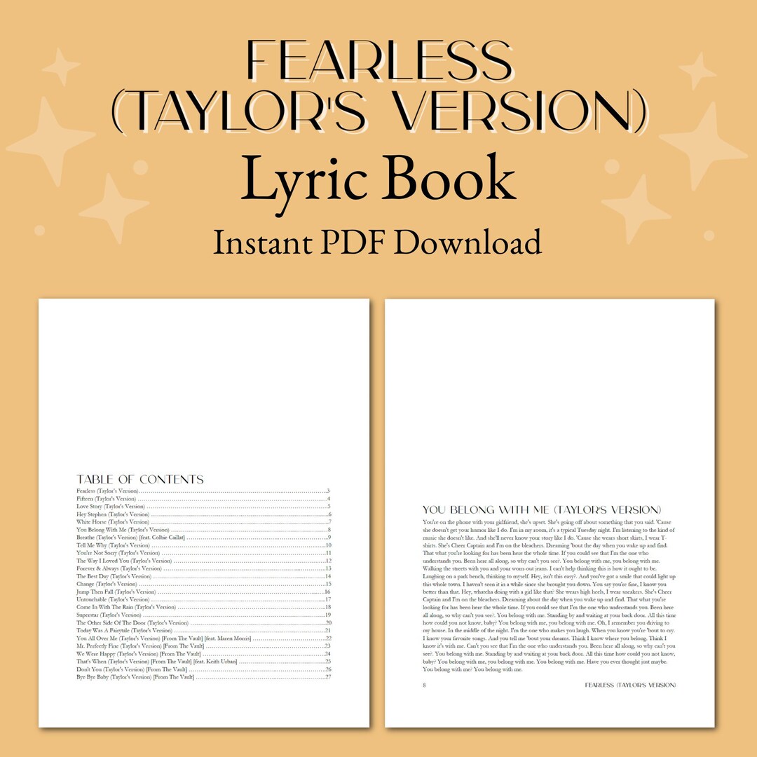 Fearless (taylor's Version) Lyric Book | Taylor Swift | Printable PDF ...