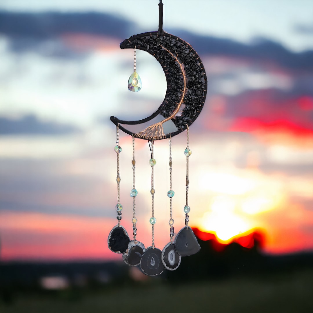 Black Agate Lunar Wind Chime, Crescent Moon Suncatcher, Crystal Tree of ...