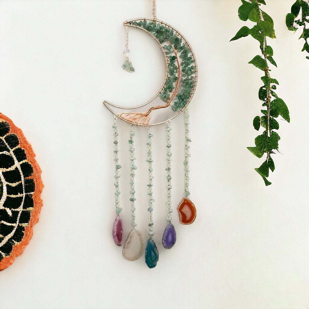 Gemstone Moon Garden Wall Hanging, Agate Stone Crescent Moon Hanging ...