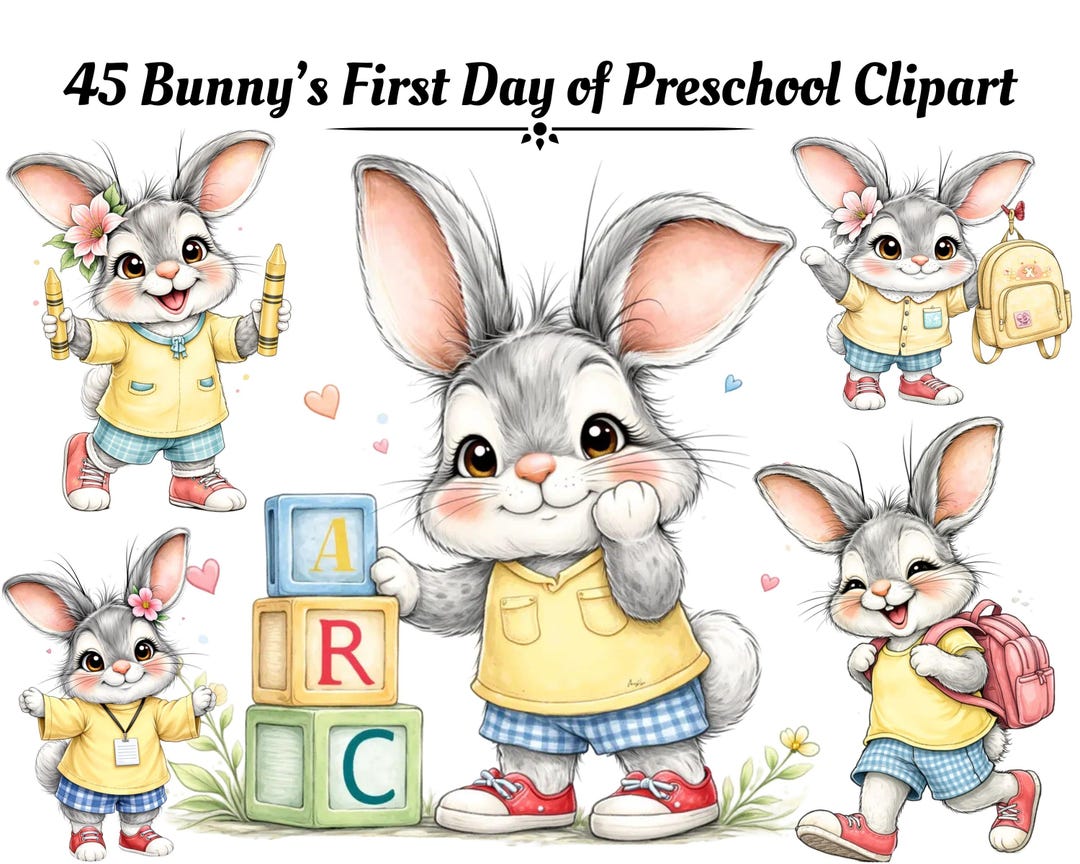 45 Bunny Back to School Clipart: Preschool Rabbit PNG, Kawaii Supplies ...