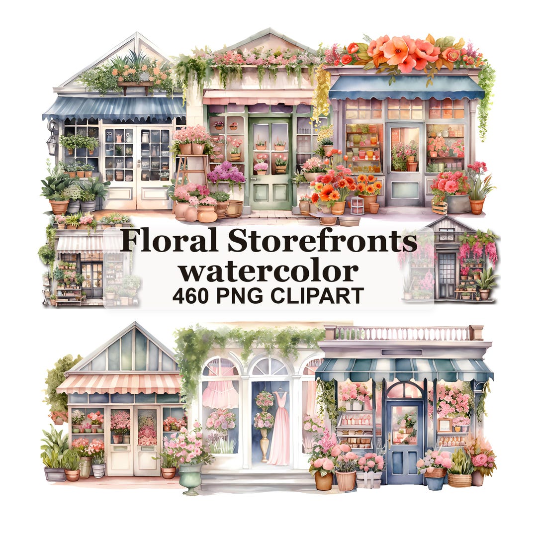Watercolor Floral Storefront Clipart Bundle, Flower Shop PNG, Boutique ...