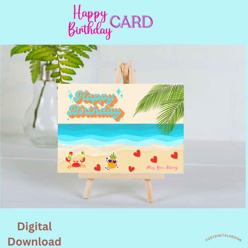 Happy Birthday Card, Printable, Beautiful Beach Theme, Digital Instant ...