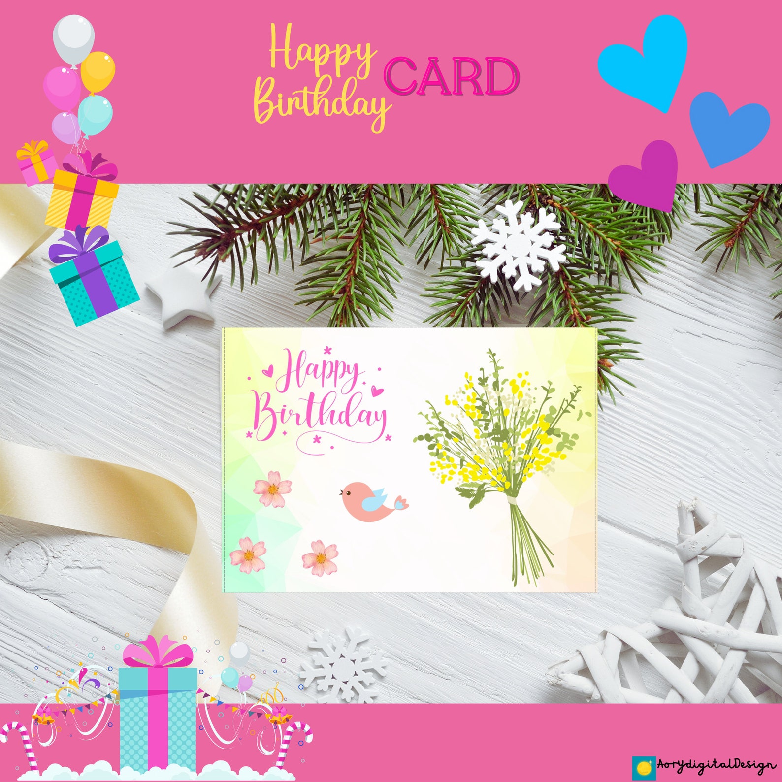 Happy Birthday Card Printable - Bright and Beautiful Spring Flowers - Etsy