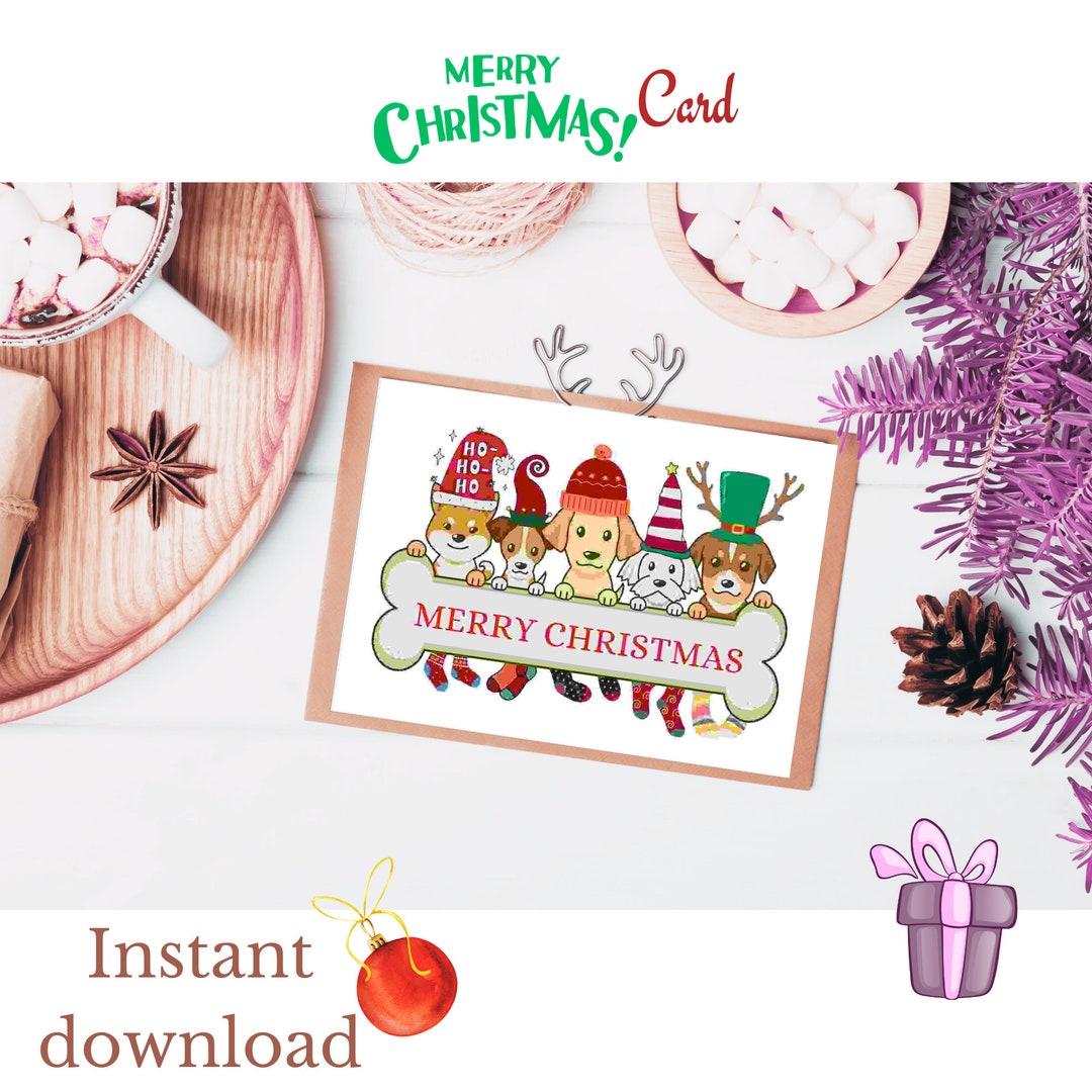 Printable Merry Christmas Card Cute Dog & Friends Christmas - Etsy