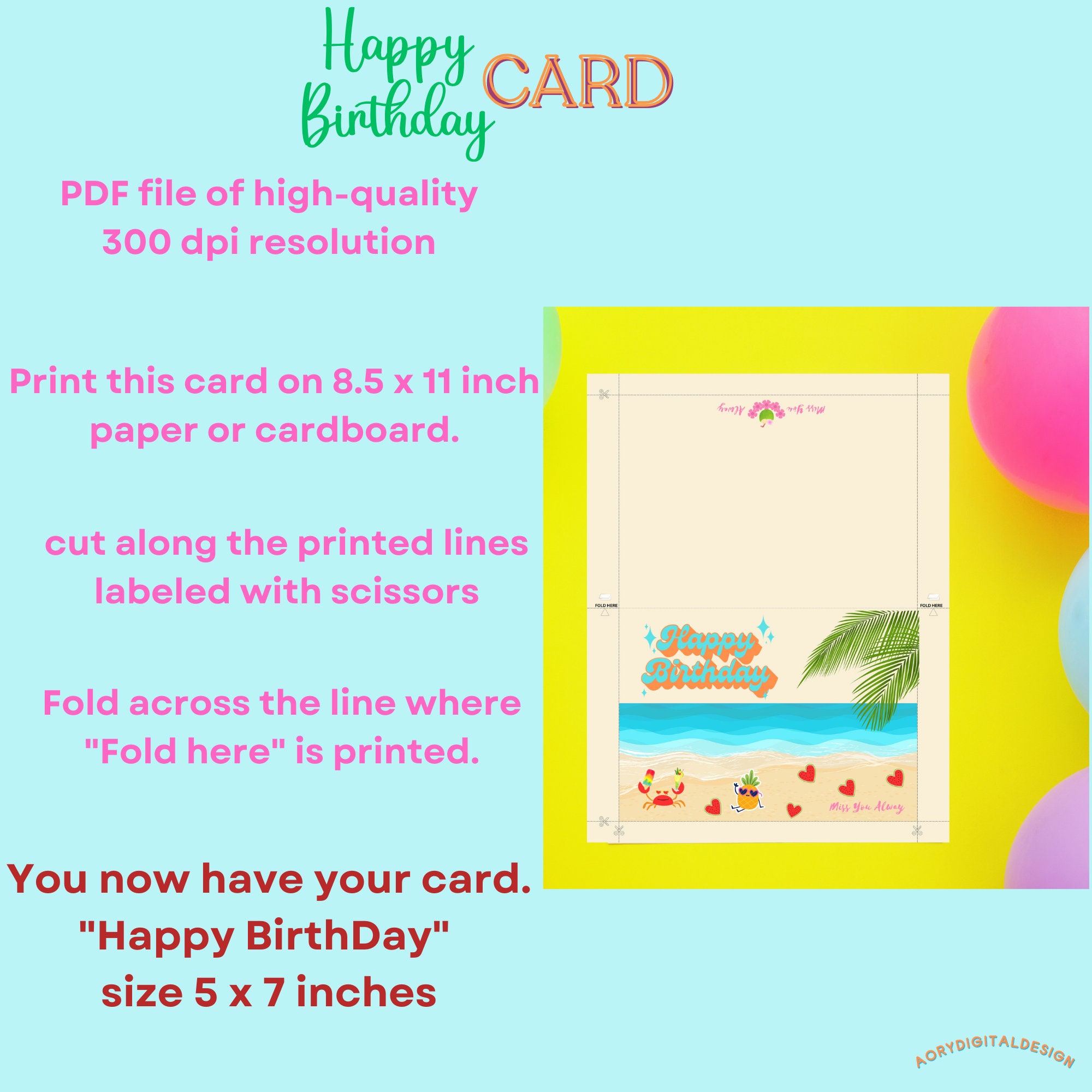 Happy Birthday Card, Printable, Beautiful Beach Theme, Digital Instant ...