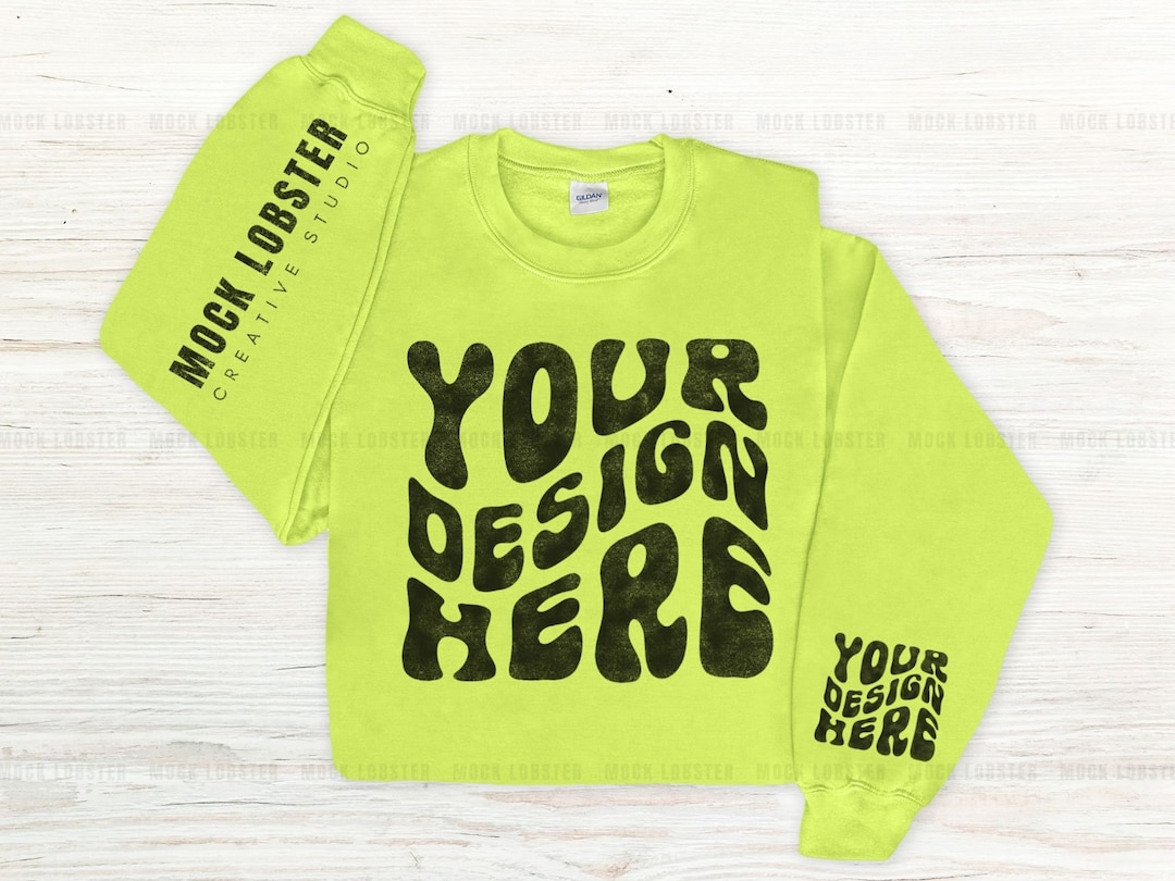 Gildan 18000 Sleeve Mockup Safety Green Flat Lay Sweatshirt Left ...