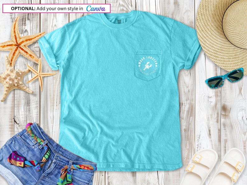 Comfort Colors 6030 Flo Blue Mockup Pocket Tee Flat Lay C6030 Mock-up ...