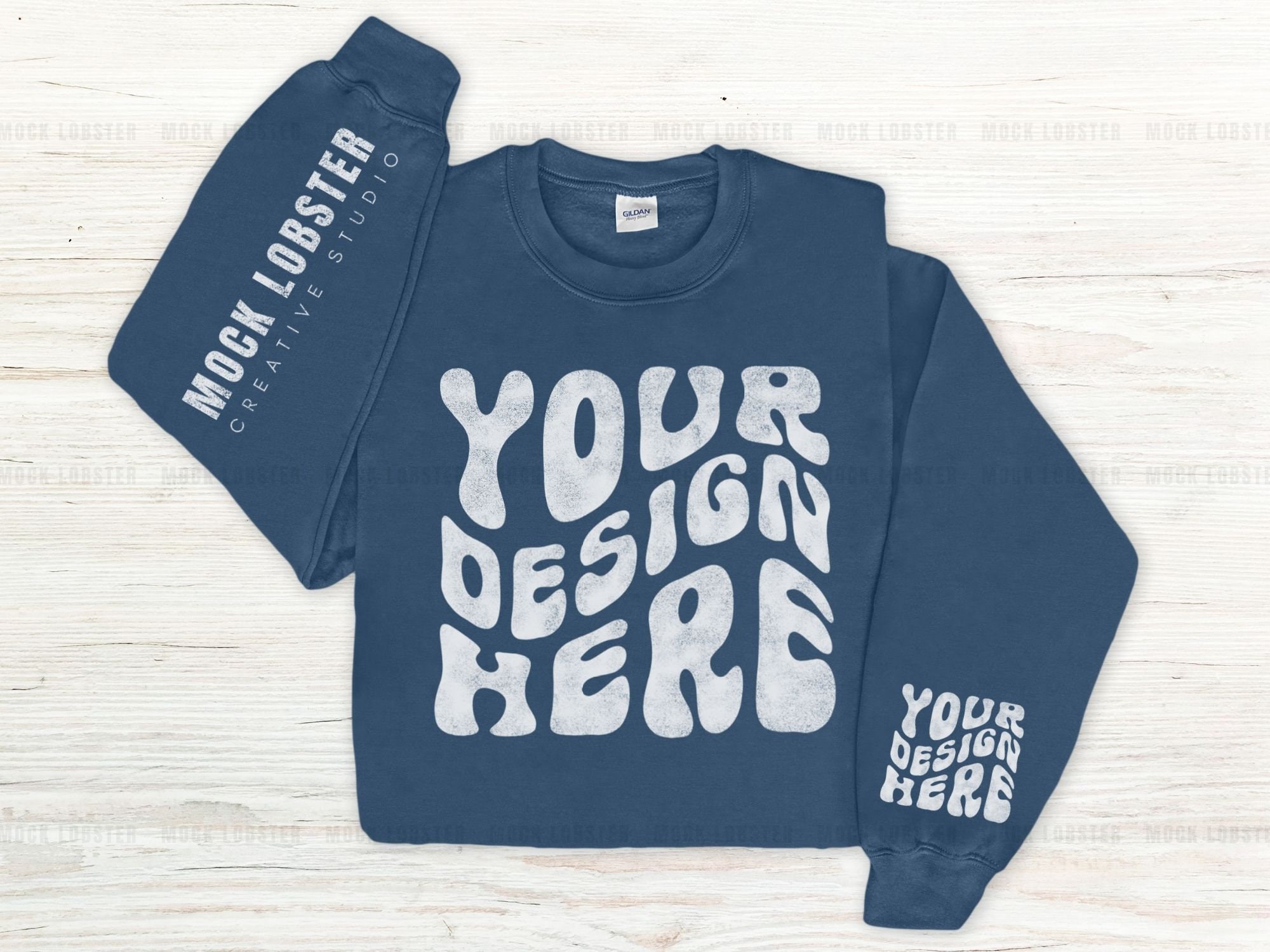 Gildan 18000 Sleeve Mockup Indigo Blue Flat Lay Sweatshirt Left & Right ...