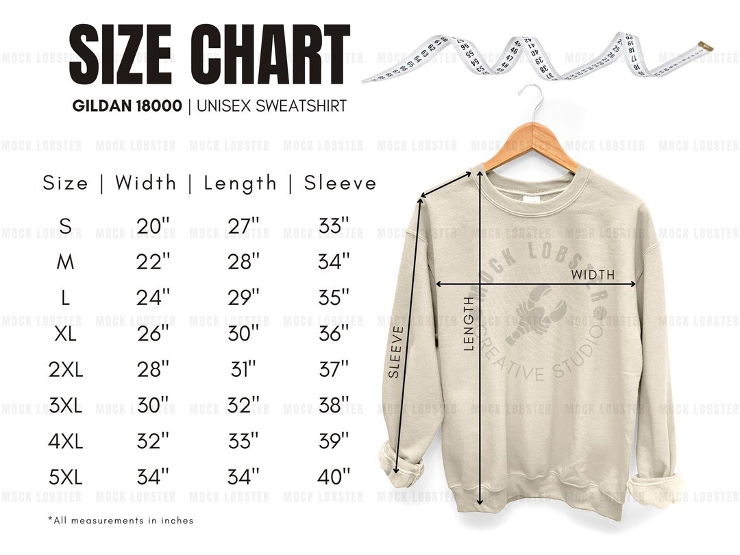Gildan 18000 Size Chart | Hanging Sweatshirt & Size Chart With Gildan ...