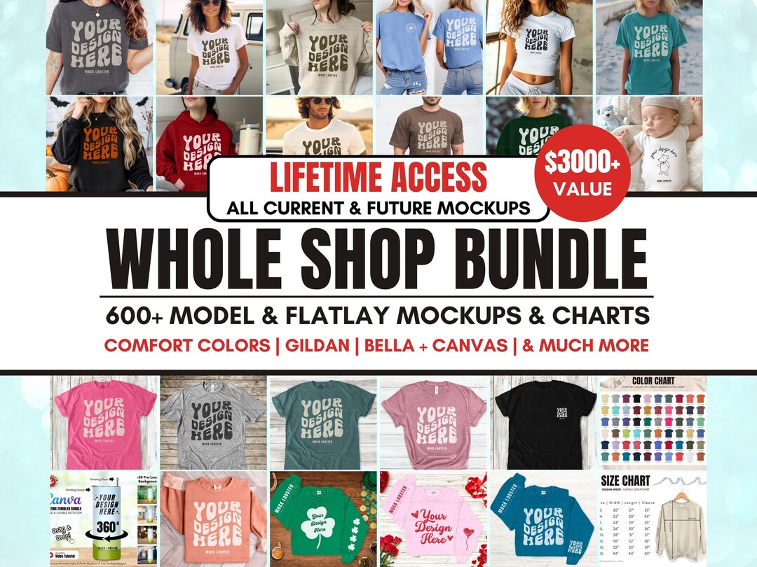 Whole Shop Mockup Bundle Lifetime Access Comfort Colors, Gildan, Bella ...