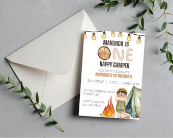 ONE Happy Camper Theme 1st Birthday Party Invitation, Camping, Camper, Adventure, Boy First ...