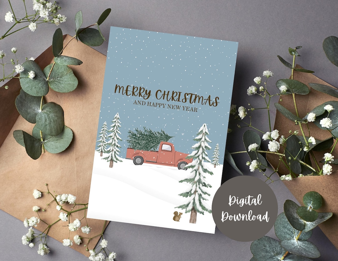 Printable Christmas Card, Car, Snow, Christmas Tree, Merry Christmas ...