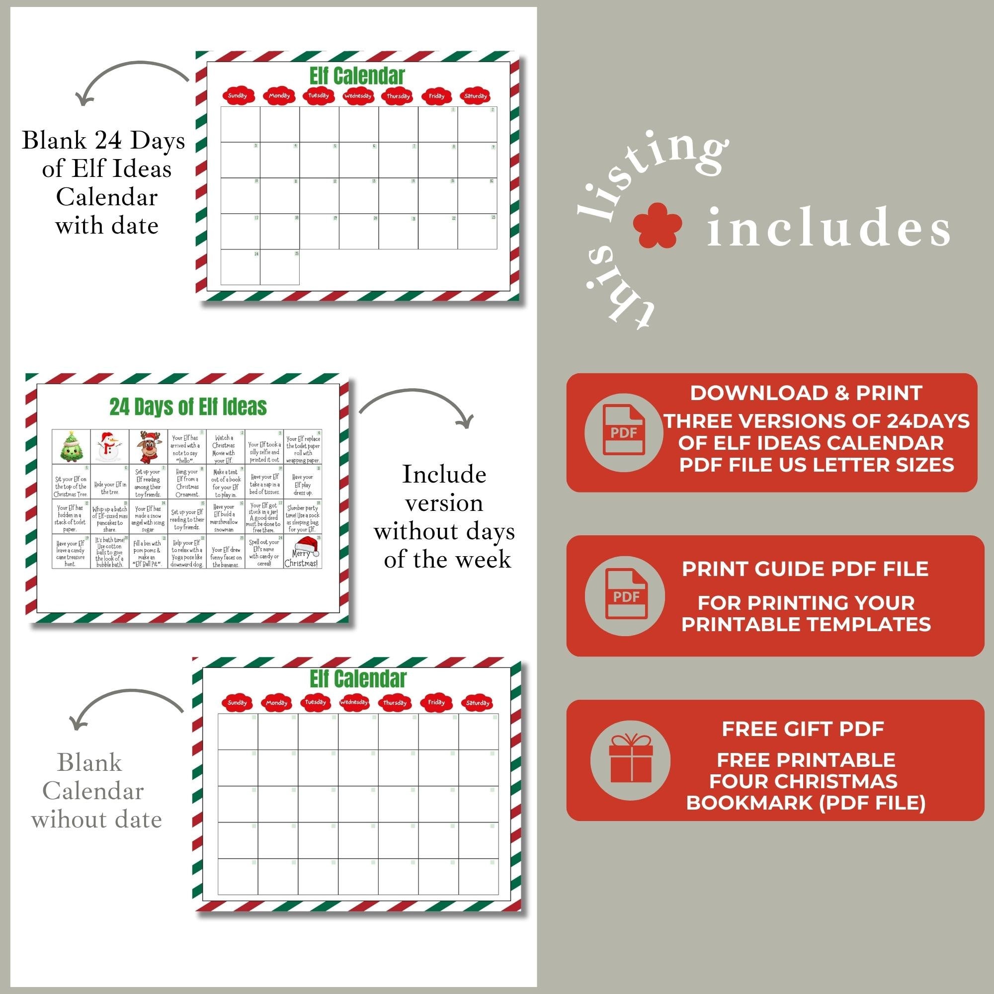 Elf Printable Calendar, Elf Kit, Instant Download, 24 Days of Elf ...