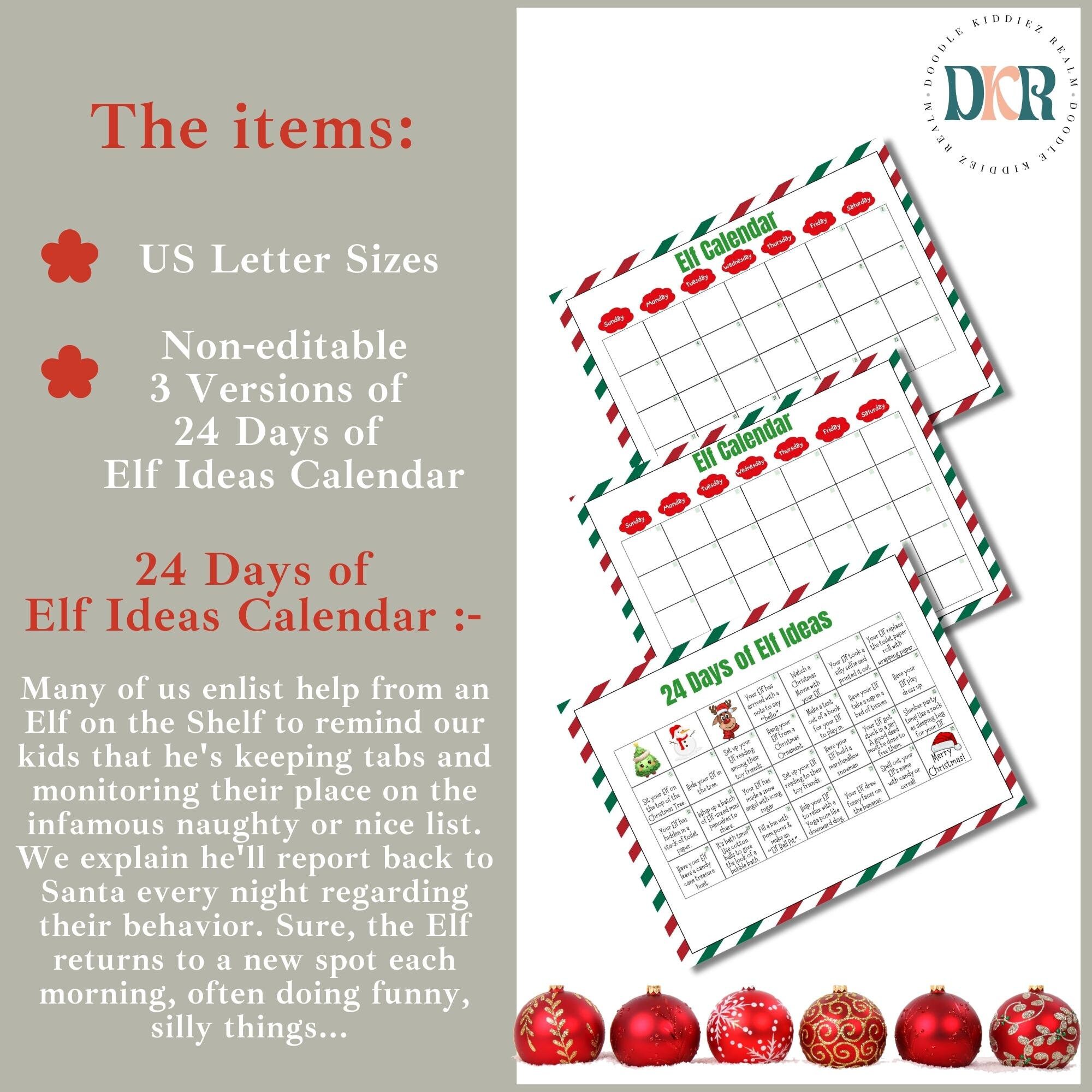Elf Printable Calendar, Elf Kit, Instant Download, 24 Days of Elf ...