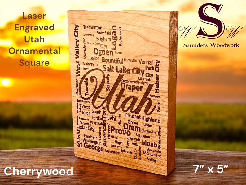 Utah Laser Engraved Logo Design Cherrywood Square 7" X 5" - Etsy