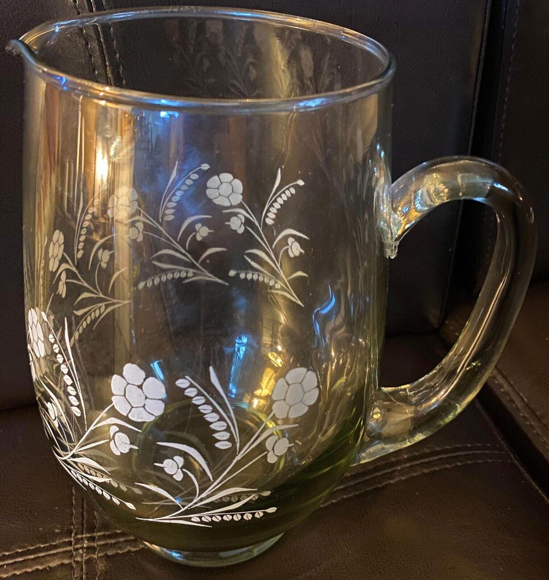 Vintage Floral Glass Pitcher With Etched Design - Etsy