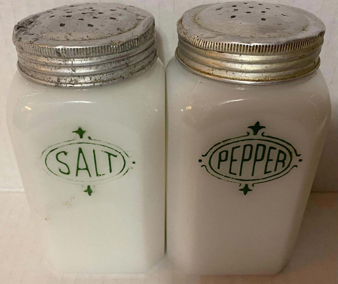 Vintage Glass Salt and Pepper Shakers Set - Milk Glass With Green ...