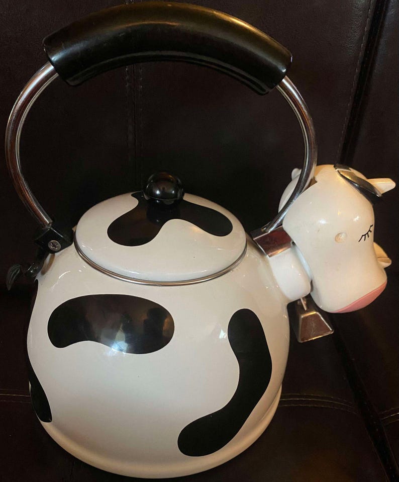 Vintage M Kamenstein Black White Cow Whistling Tea Kettle Teapot 10 1/2 ...