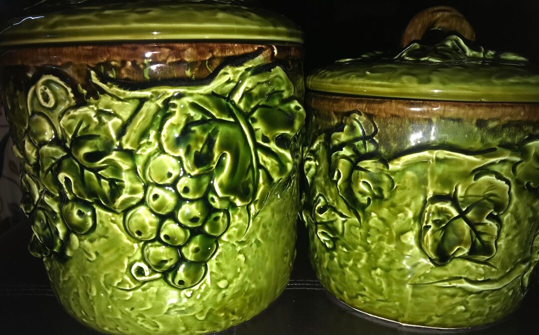 Set of 2 Rare Antique Ceramic Canisters Green Grape Vine Designed on ...