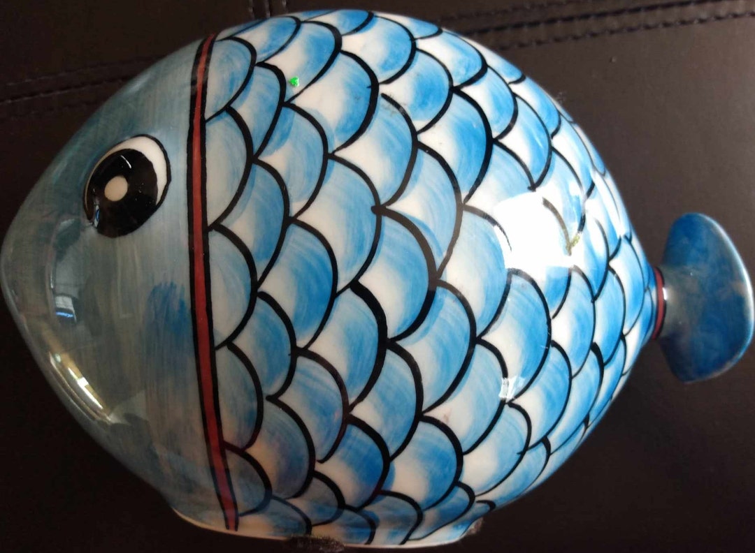 Vintage Andrea by Sadek Blue Koi Fish Bank Hand Painted 3D Eyes Novelty ...