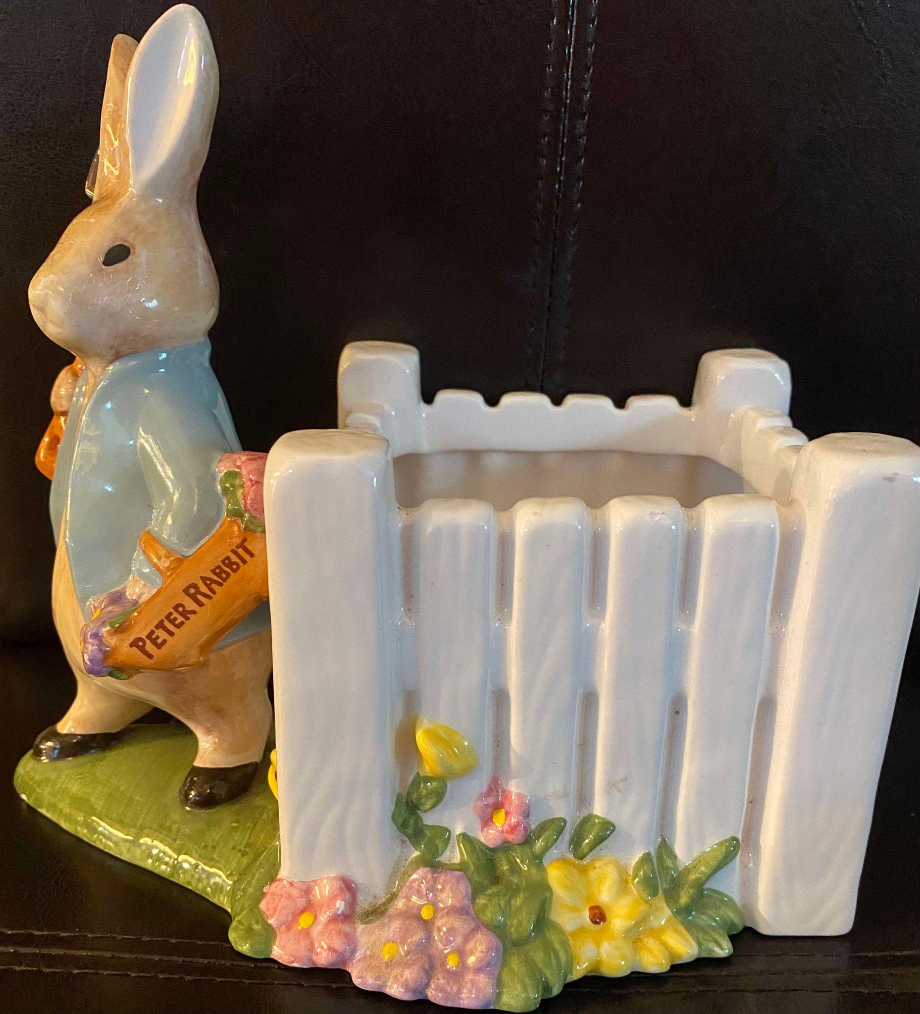 Vintage Beatrix Potter Peter Rabbit Ceramic Planter White Fence ...