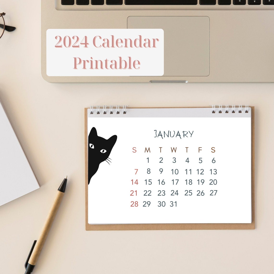 Cat Calendar Printable, 2024 Calendar Printable, Desk Calendar 2024 ...