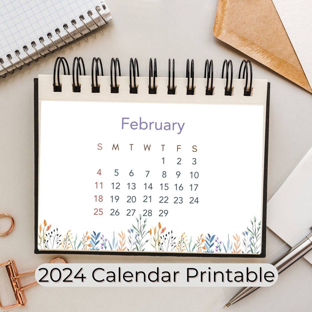 2024 Calendar Printable, Flower Calendar Printable, Desk Calendar 2024 ...
